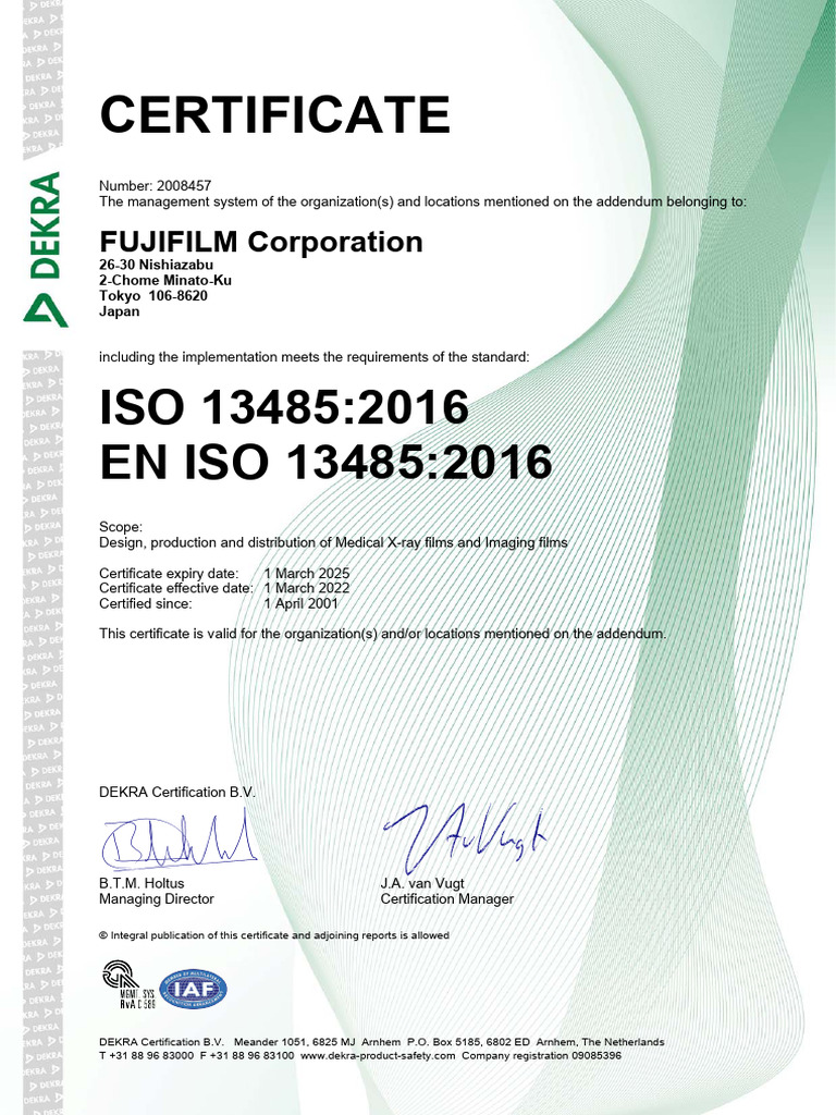 ISO 13485:2016 Certification for FUJIFILM | PDF