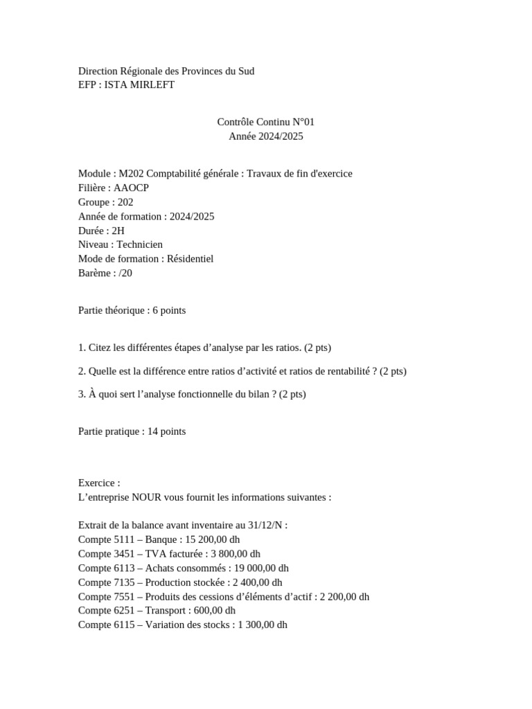 Contrôle Continu M202 Comptabilité 2024 | PDF