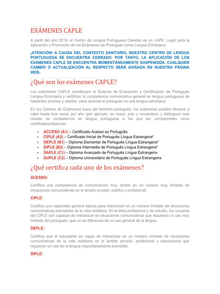 Exámenes CAPLE de Portugués | PDF | Portugal | Lengua portuguesa