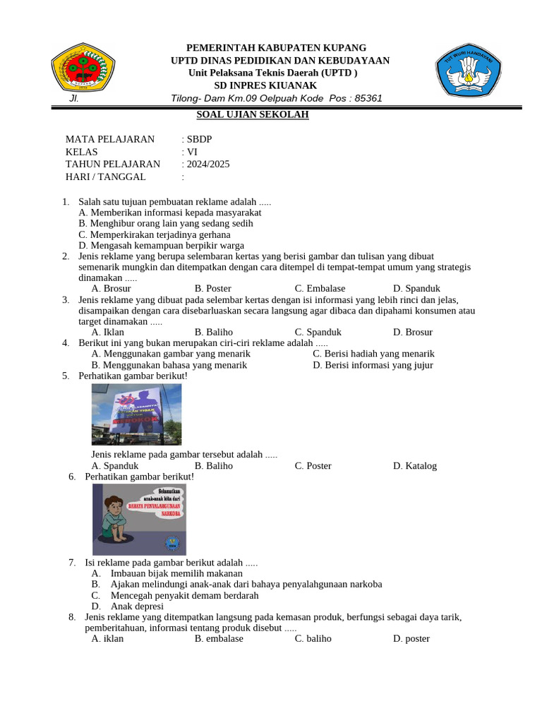 Soal Ujian Sekolah SBDP Fix | PDF