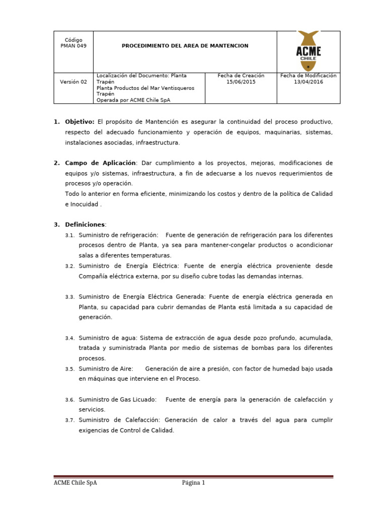 PMAN 049 Procedimientos Del Área de Mantención | PDF | Agua | Ingenieria Eléctrica