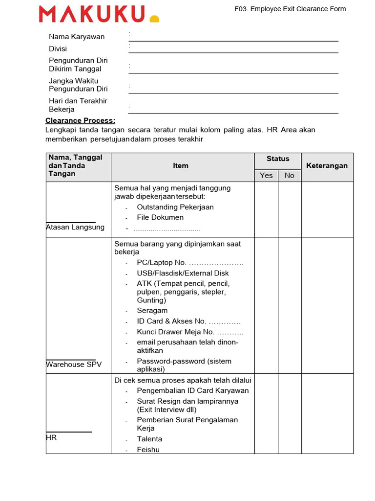 Form Employee Exit Clearance | PDF