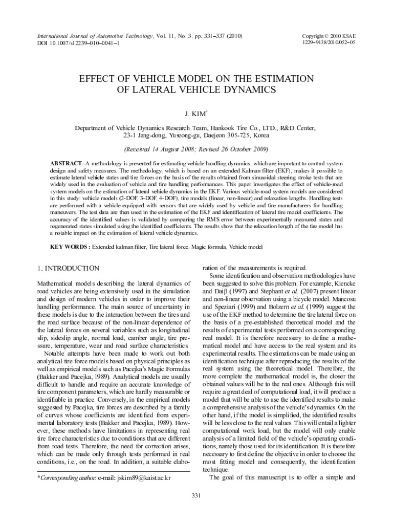 Effect of vehicle model on the estimation of lateral vehicle dynamics ...