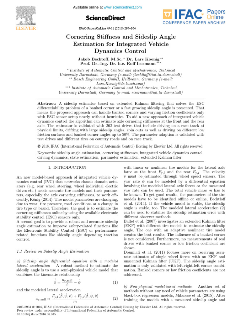 Cornering Stiffness and Sideslip Angle Estimation For Integrated Vehicle Dynamics | PDF ...
