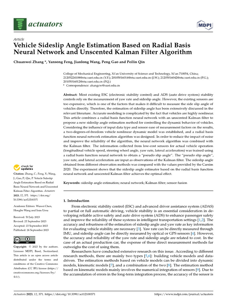 Vehicle Sideslip Angle Estimation Based On Radial Basis Neural Network and Unscented Kalman ...