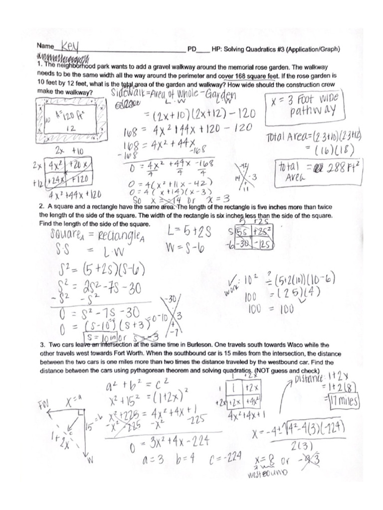 HP Solving Quadratics #3 (ApplicationGraph) Key | PDF