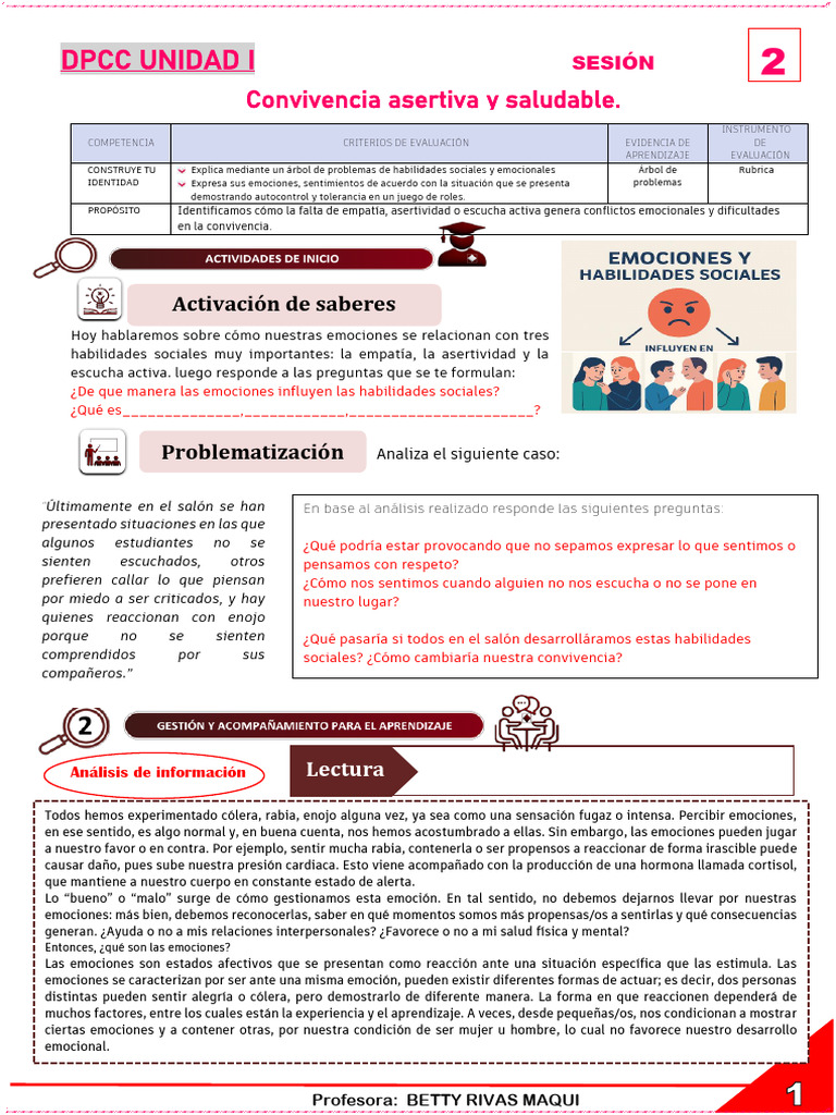 FICHA SESION 2.DPCC I UNIDAD | PDF | Las emociones | Empatía