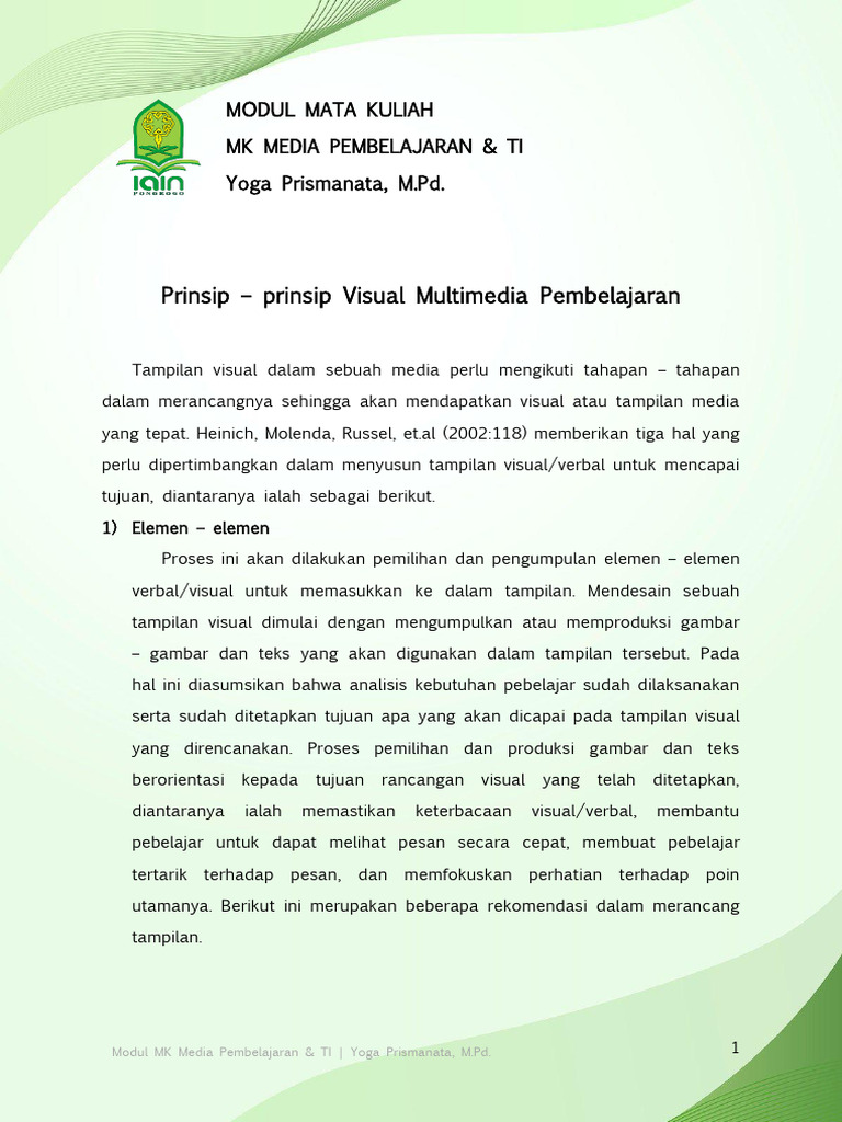 Modul MK Media Pembelajaran TI - Prinsip Visual Multimedia Pembelajaran | PDF