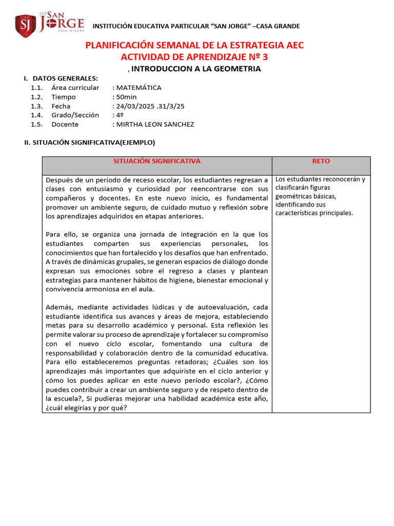 ACTIVIDAD 3- PROGRAM. SEMANAL MATEMATICAS (2) | PDF | Geometría | Aprendizaje