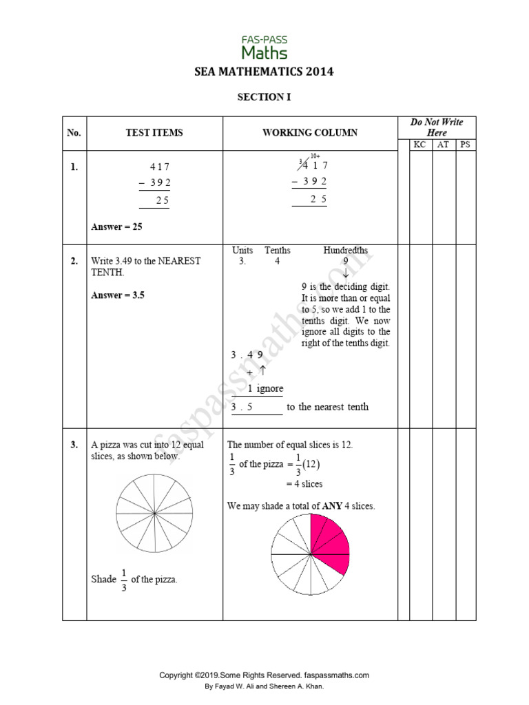 SEA Maths 2014 Past Paper Solutions | PDF | Area | Litre