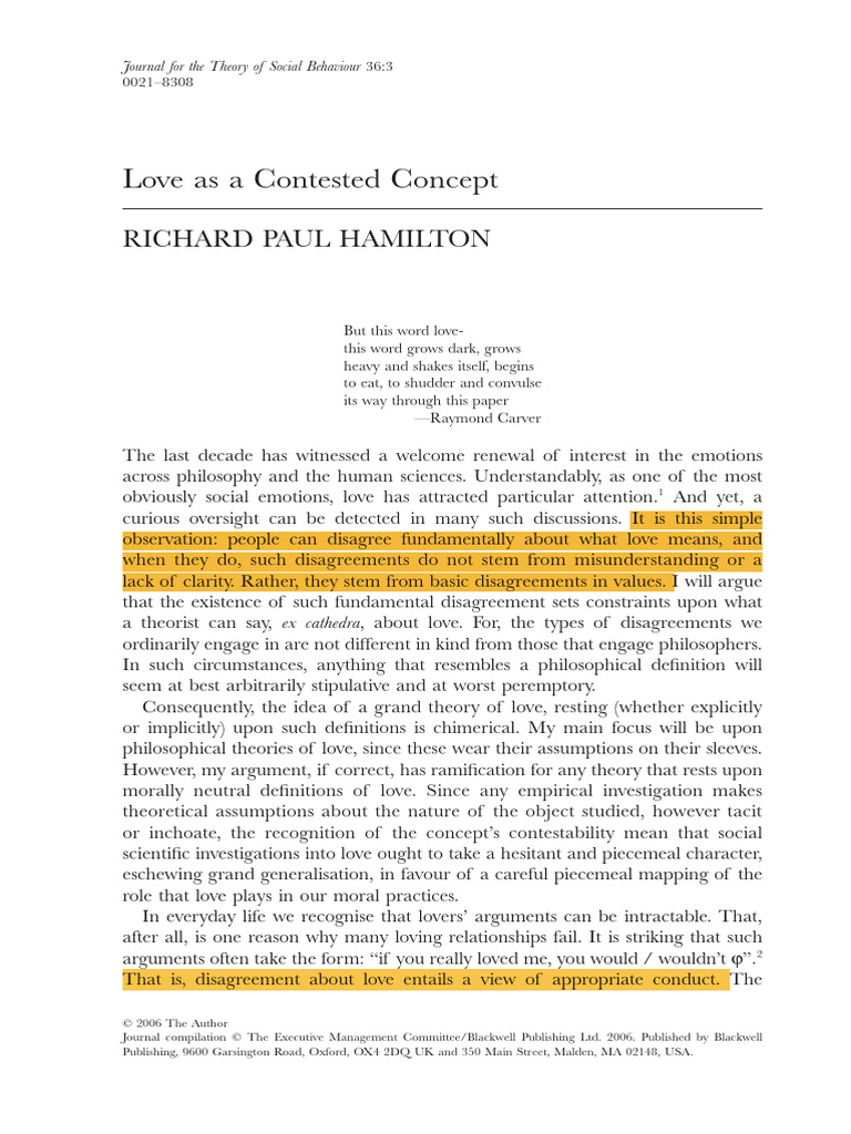 HAMILTON Love As A Contested Concept | PDF | Love | Reason