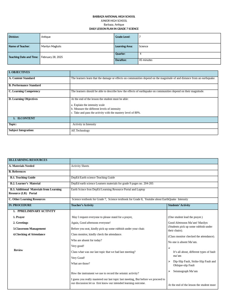 Grade 7 Science Earthquake Lesson Plan | PDF | Earthquakes | Seismology