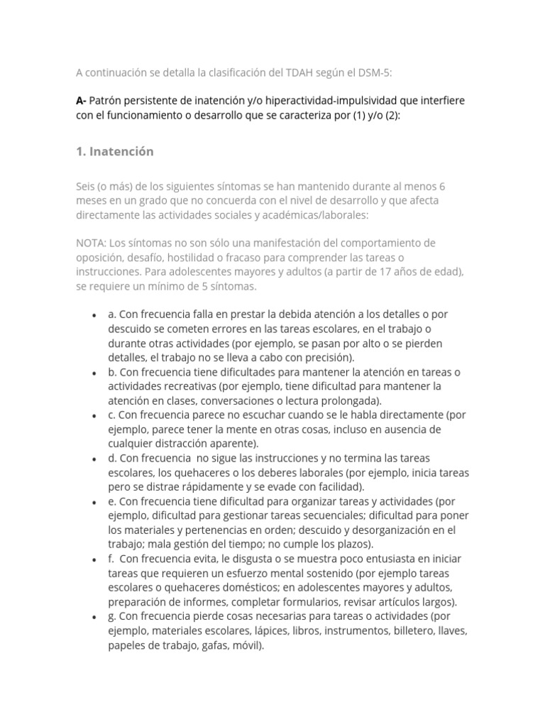 Criterios del TDAH según DSM-5 | PDF | Desorden hiperactivo y deficit ...