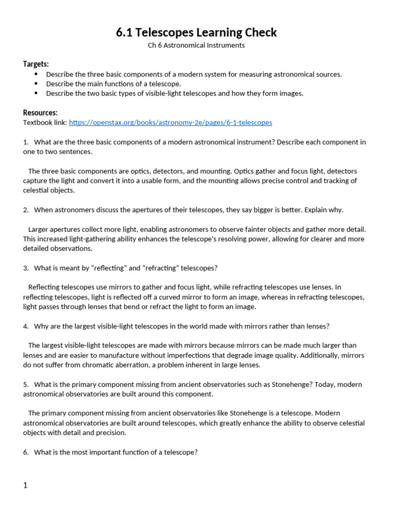 6.1 Telescopes Learning Check | PDF | Telescope | Glass Engineering And Science