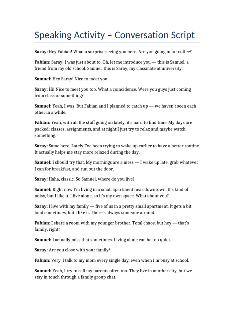 Casual Conversation Script for ESL Practice | PDF