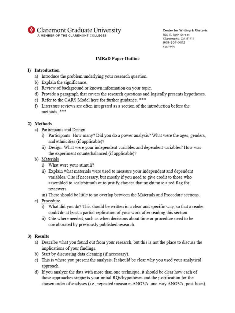 CGU CWR IMRaD Paper Outline 1 | PDF | Experiment | Science