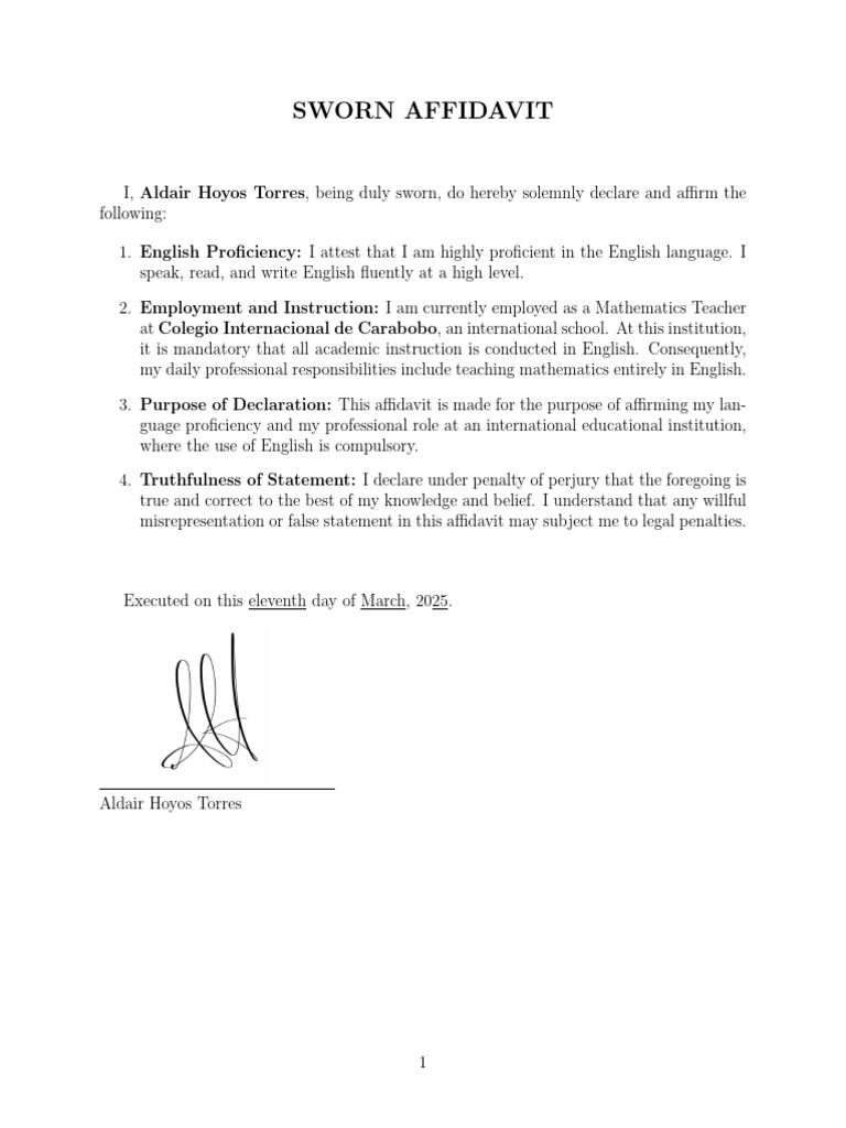 Declaracion Jurada Ingles | PDF