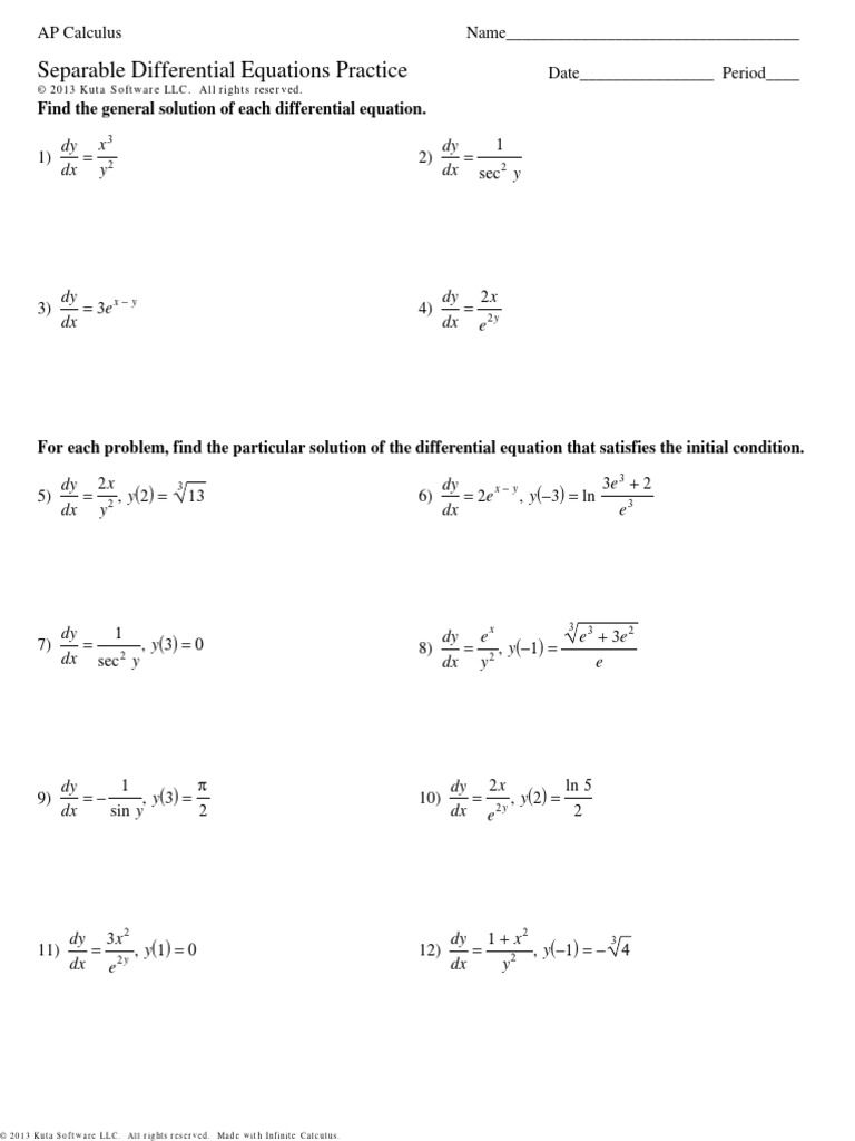 Separable Differential Equations Worksheet | PDF | Differential ...