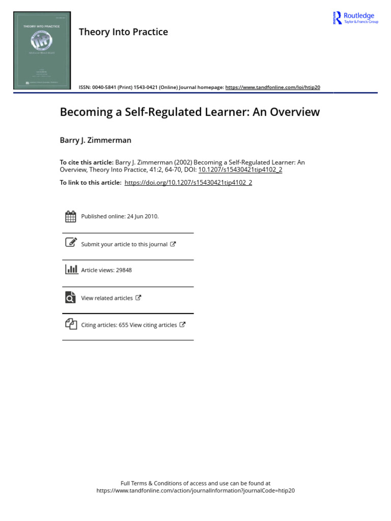 Becoming A Self Regulated Learner An Overview | PDF | Metacognition ...