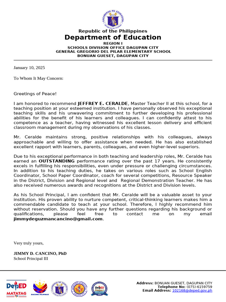 Recommendation Letter From A PRINCIPAL | PDF | Teachers | Behavior ...