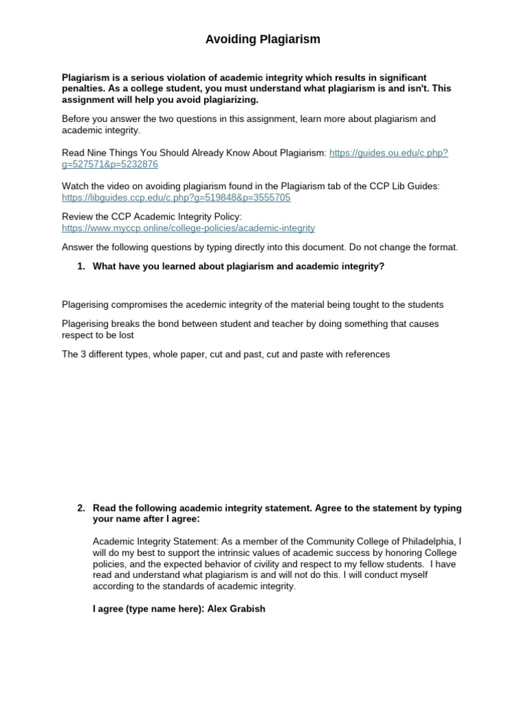 Understanding and Avoiding Plagiarism | PDF