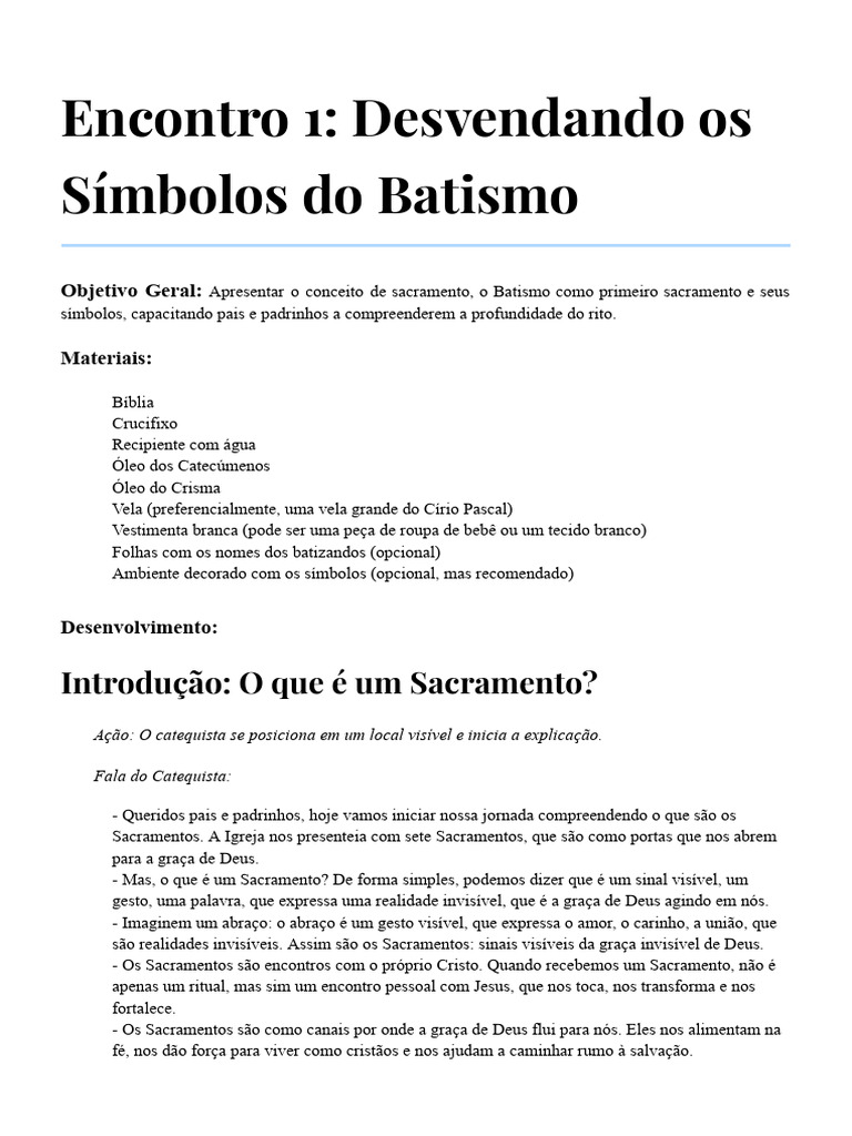 Encontro 1 - Desvendando Os Símbolos Do Batismo - Catequista | PDF | Batismo | Sacramentos