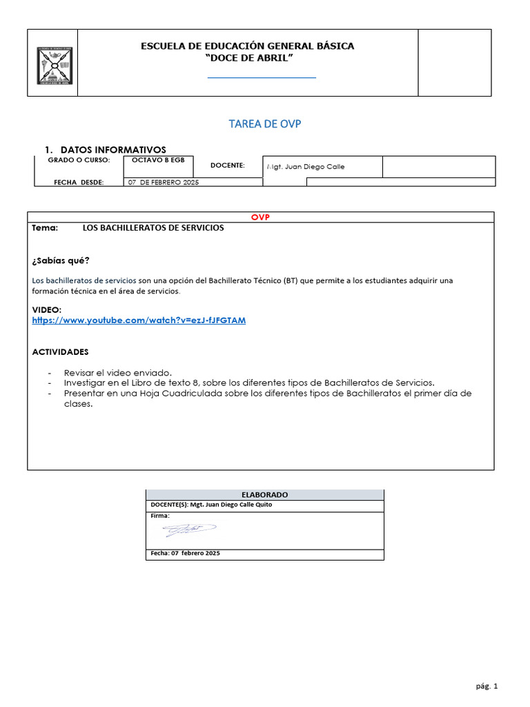 Tarea Ovp Octavo Egb. 2025 | PDF