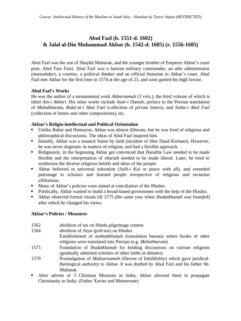 Handout 3-Abul Fazl | PDF | Religious Faiths