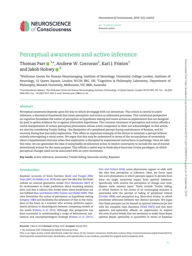 Perceptual_awareness_and_active_inference | PDF | Perception | Statistical Inference