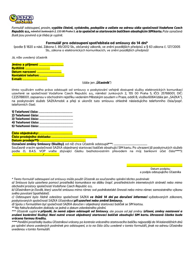SAZKAmobil Formulář Odstoupení Pro Fyzické Osoby | PDF