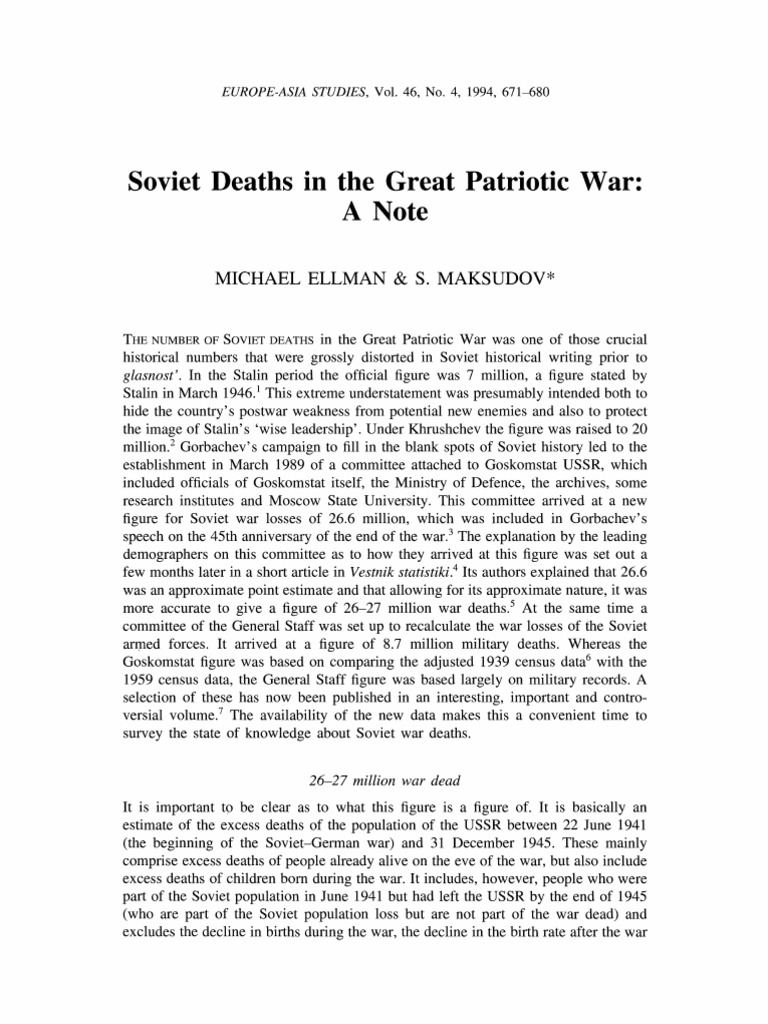 Soviet Deaths in The Great Patriotic War - A Note by MICHAEL ELLMAN, S ...