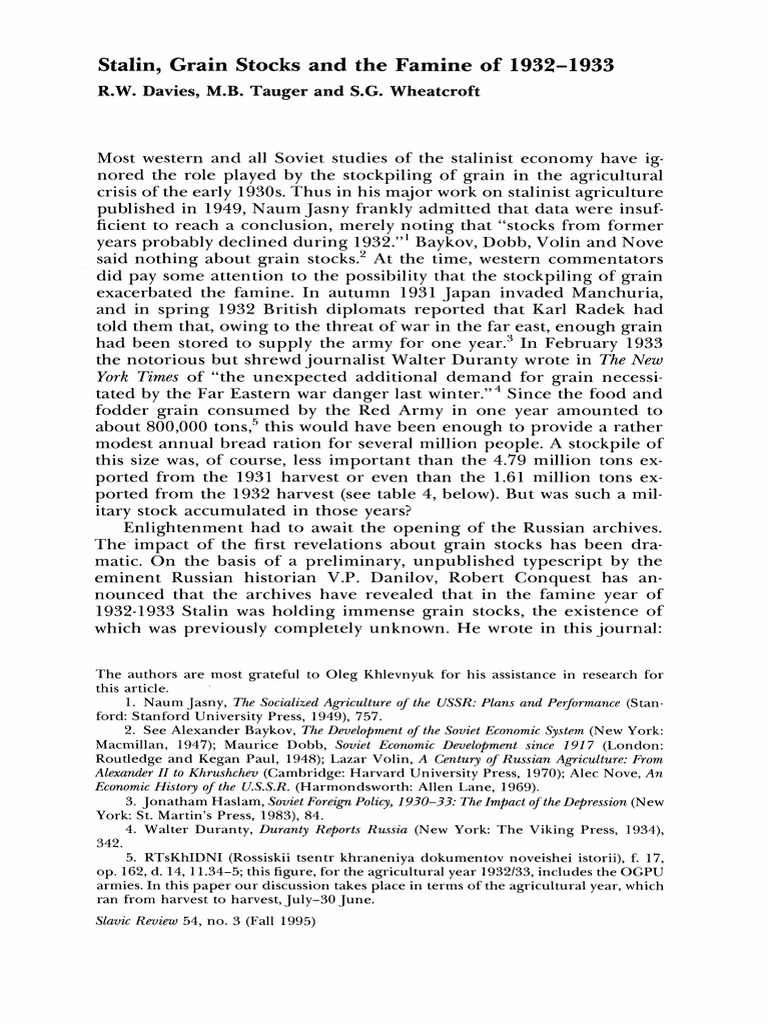 Stalin, Grain Stocks and The Famine of 1932-1933 by R. W. Davies, M.B ...