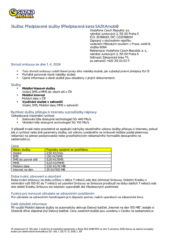 SAZKAmobil Shrnuti Smlouvy Predplacena Karta | PDF