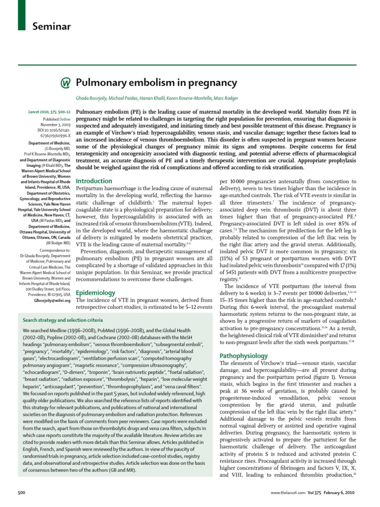 Pulmonary Embolism in Pregnancy | PDF | Thrombosis | Medicine