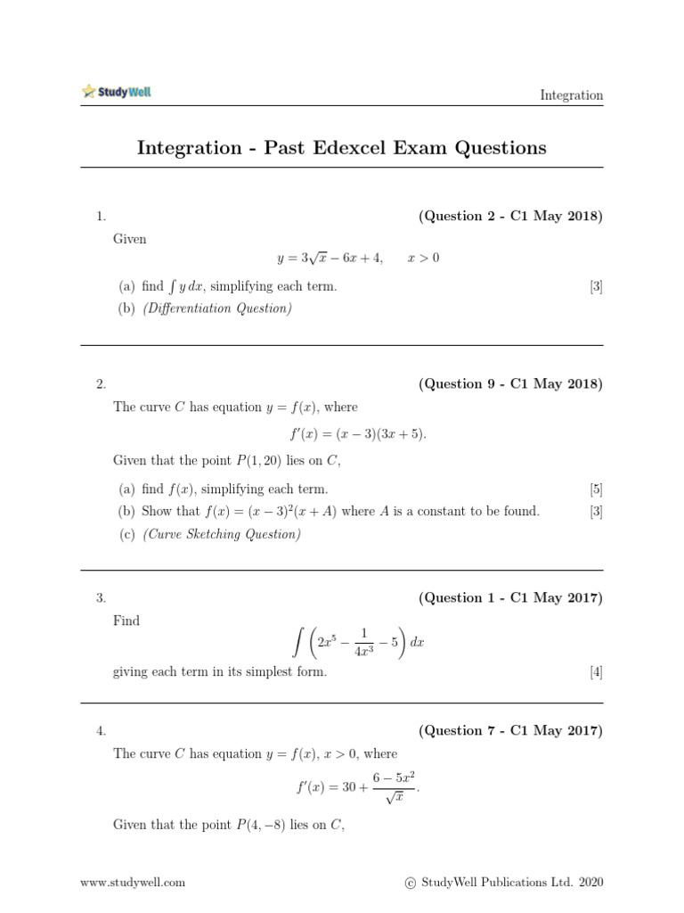 Edexcel Integration Exam Questions | PDF | Equations | Integral