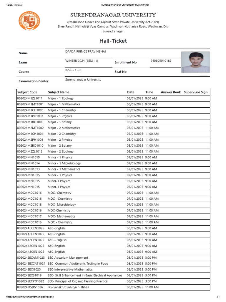 Surendranagar University Hall Ticket 2025 | PDF | Educational Stages ...