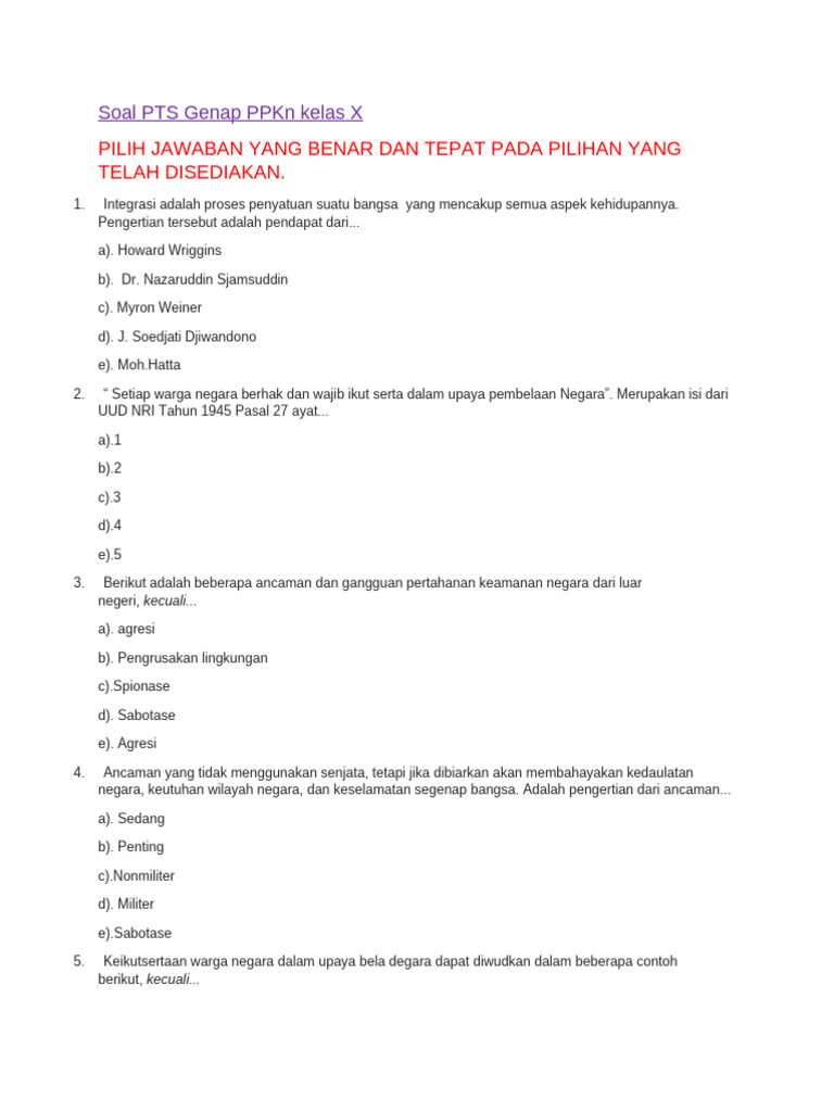 Soal PTS Genap PPKN Kelas X.21 | PDF