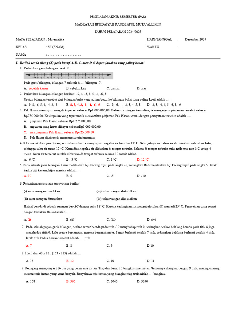 Soal PAS Mat Kelas 6 (Tahun 2024) | PDF