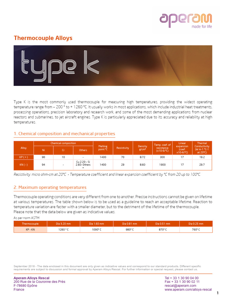 Type K Thermocouple Specifications | PDF | Thermocouple | Physical Sciences