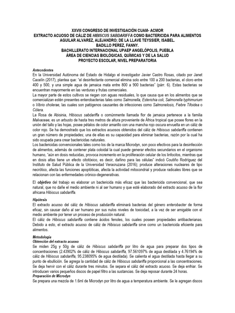 Extracto Acuoso de Caliz de Hibiscus Sabdariffa Como Bactericida para ...