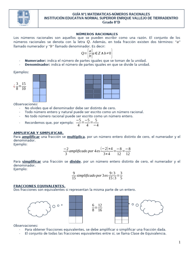 Números Racionales: Guía para 8°D | PDF | Entero | Número racional