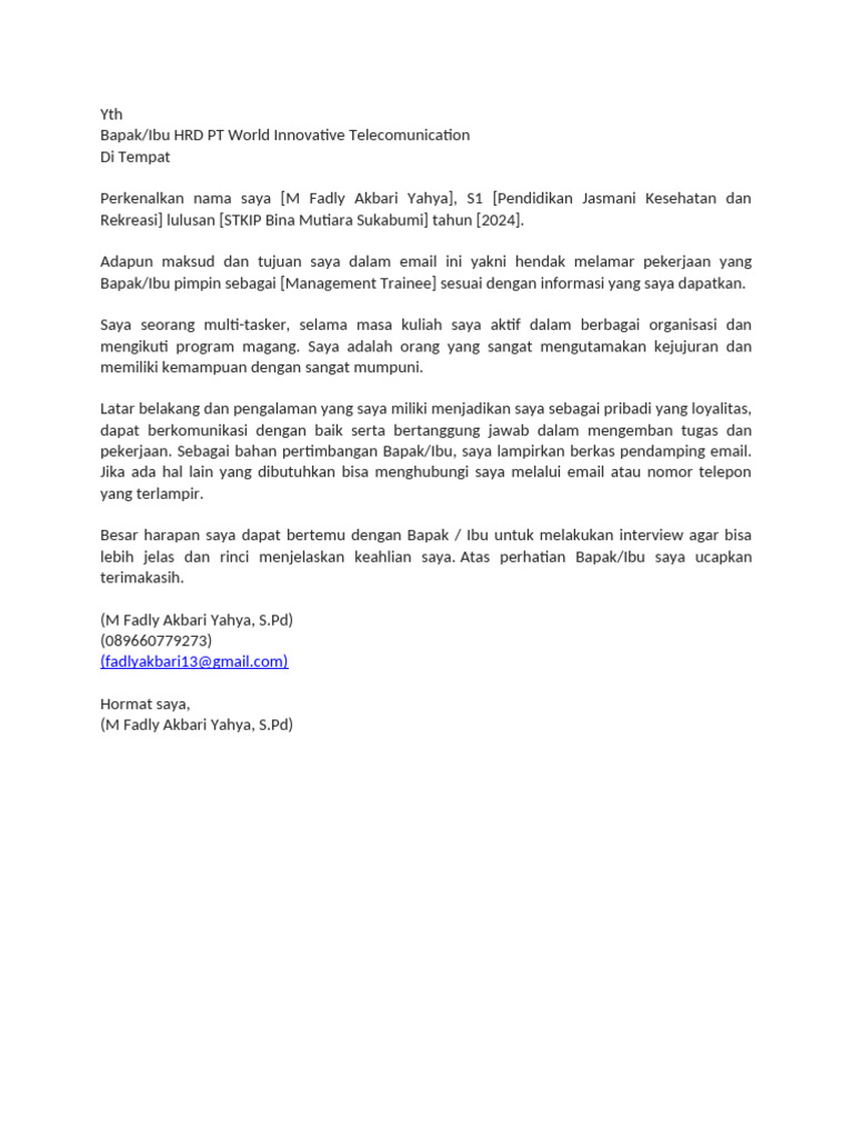 Lamaran Management Trainee M Fadly Akbari | PDF