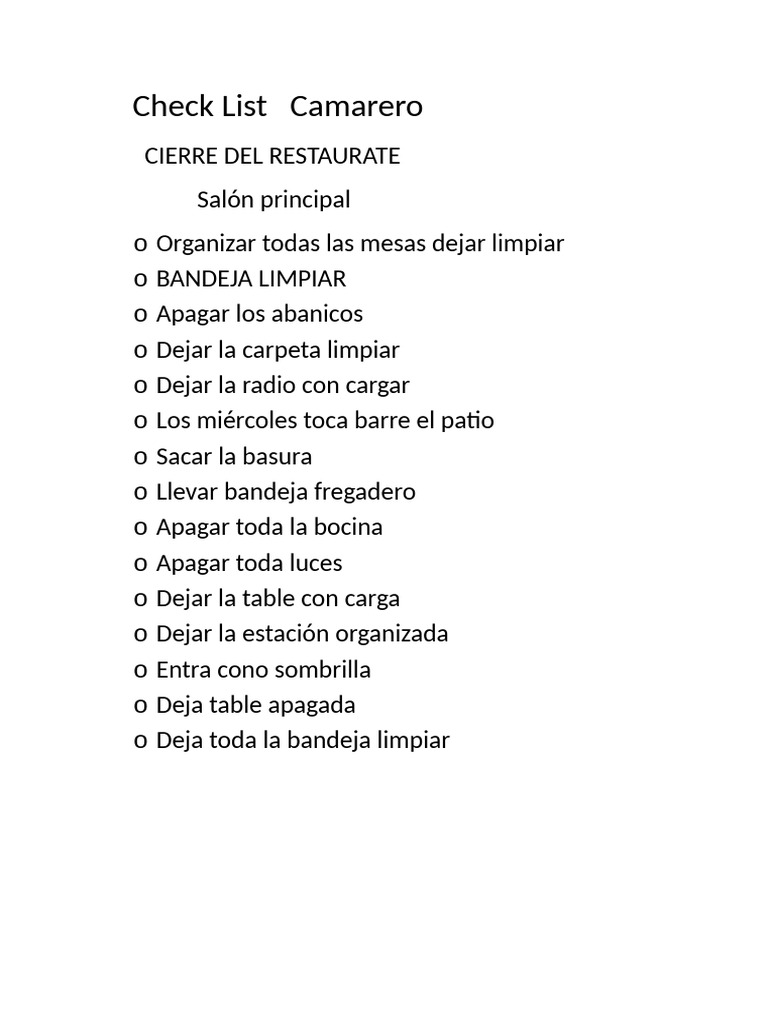 Checklist de Cierre para Camareros | PDF