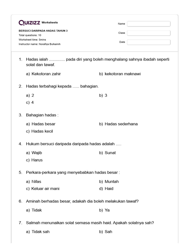 Kuiz Bersuci Hadas Tahun 3 | PDF