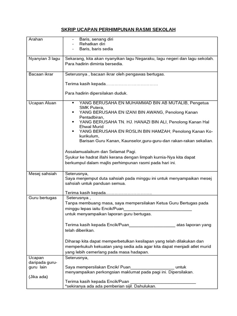 ucAPAN PENGERUSI MAJLIS PERHIMPUNAN SEKOLAH | PDF