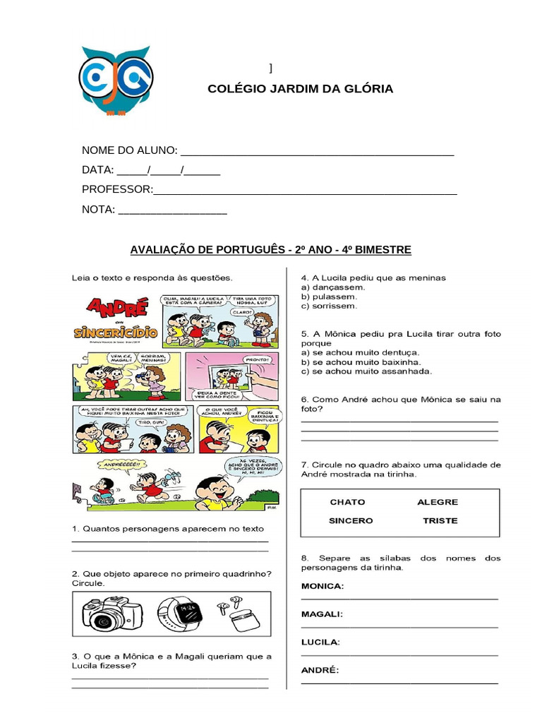 Prova de Portugues 2 Ano 4 Bimestre | PDF