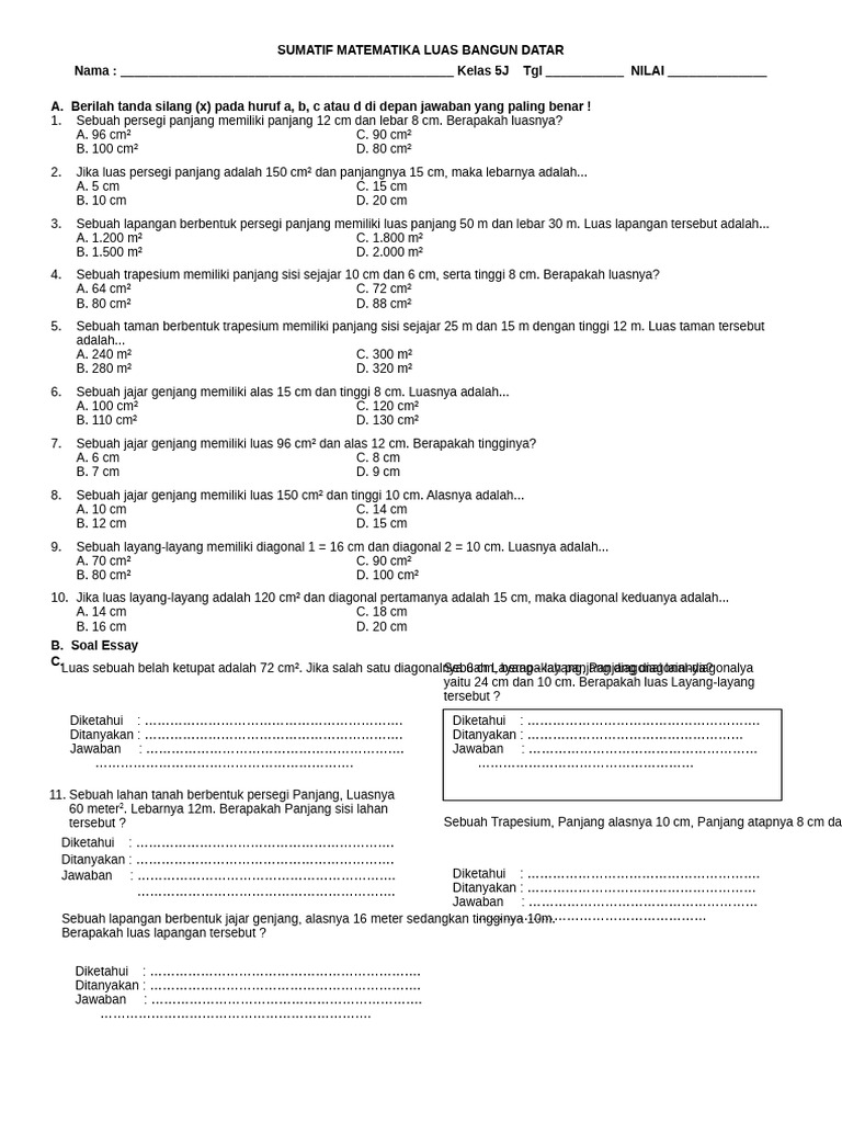 Soal Luas Bangun Datar Kelas 5J | PDF