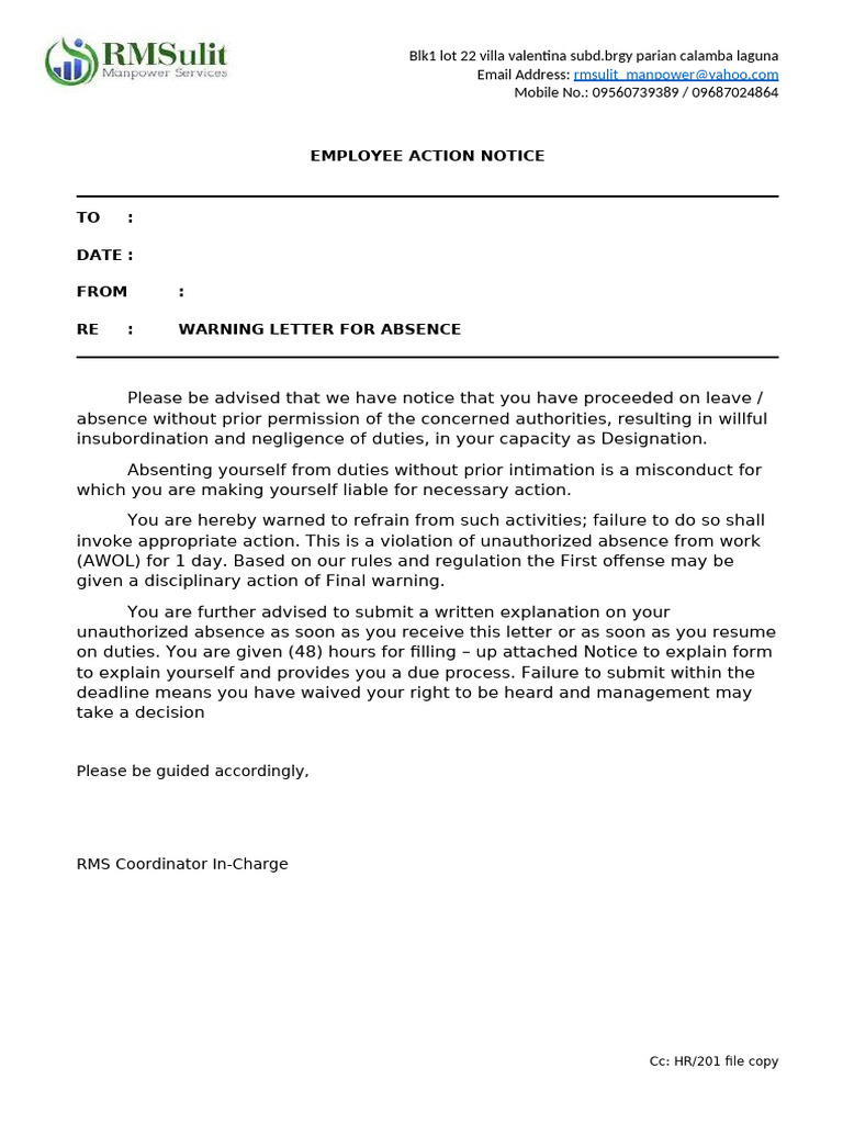ABSENCE_WARNING LETTER _EMPLOYEE ACTION NOTICE | PDF