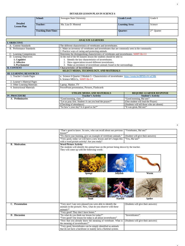 Invertebrates Lesson Plan | PDF | Invertebrate | Skeleton