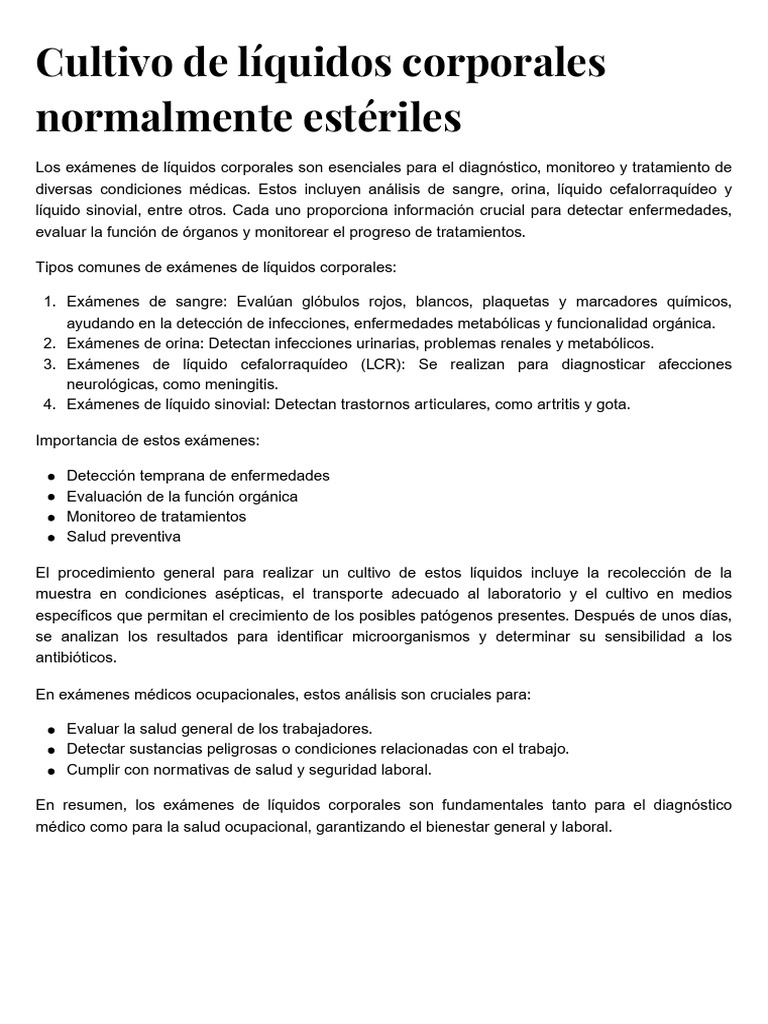 Cultivo de Líquidos Corporales Normalmente Estériles, - 20250407 - 093348 - 0000 | PDF